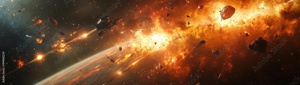 Space battle scene, starships firing lasers, explosions, and debris ...