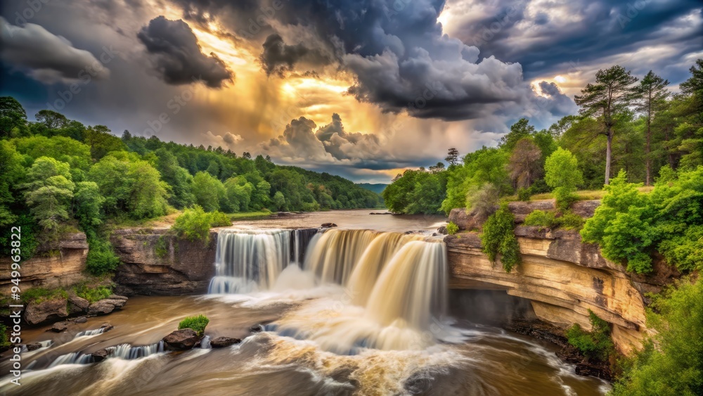 Noccalula Falls Park after the rain depicts the waterfall's turbulent flow, enhanced by dramatic ...