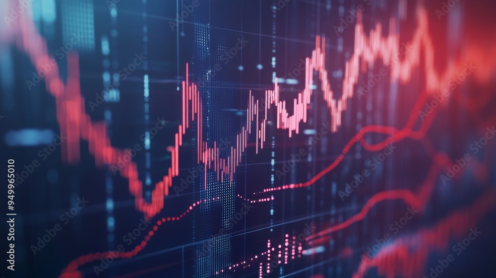 A close-up of a financial chart with fluctuating lines and bar graphs ...
