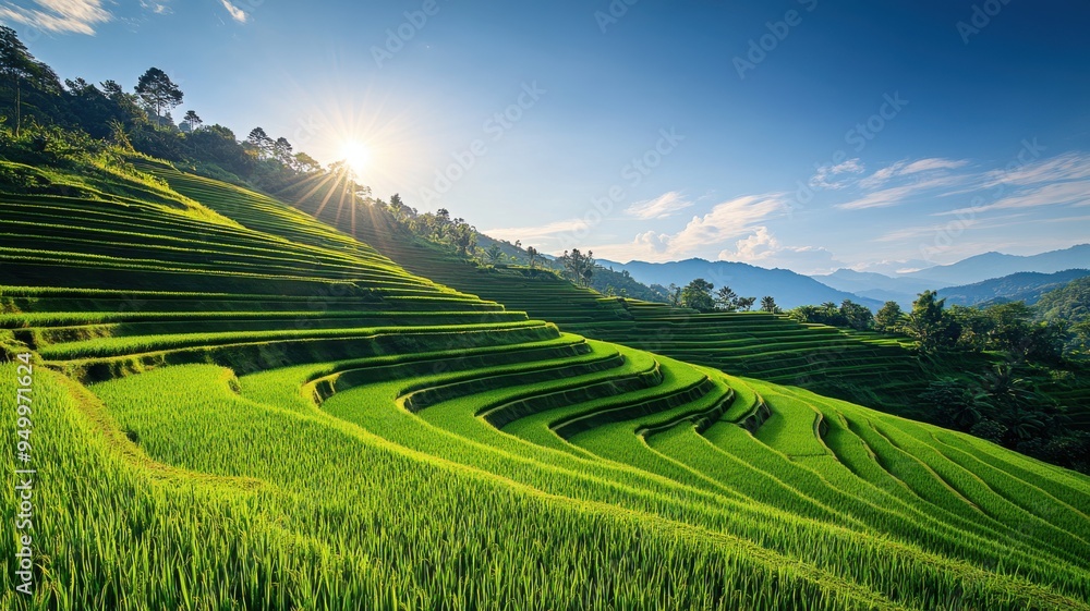Green rice terraces on a hillside, with sunlight casting shadows, and a ...