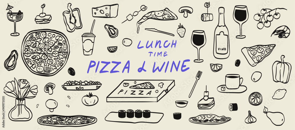 Hand drawn crayon food illustration. Sketch style lunch or dinner icons ...