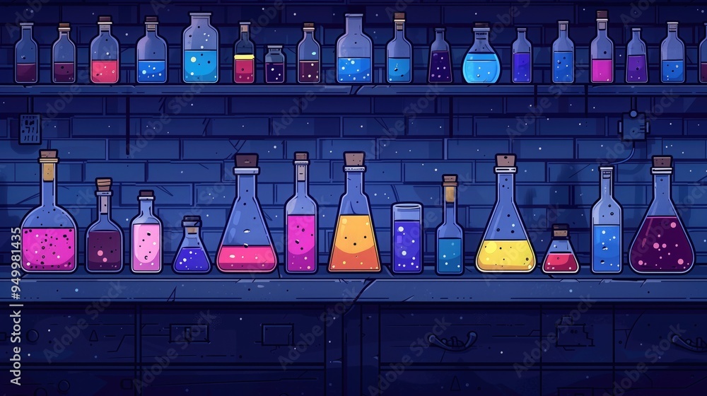 A detailed illustration of a chemistry lab setup with glassware ...