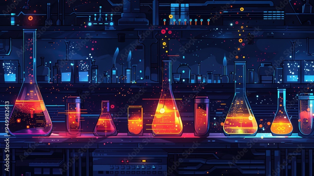 A vector graphic depicting a laboratory setting with molecular ...