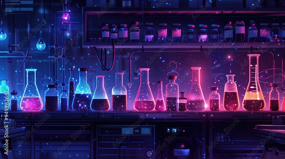 A vector graphic depicting a laboratory setting with molecular ...