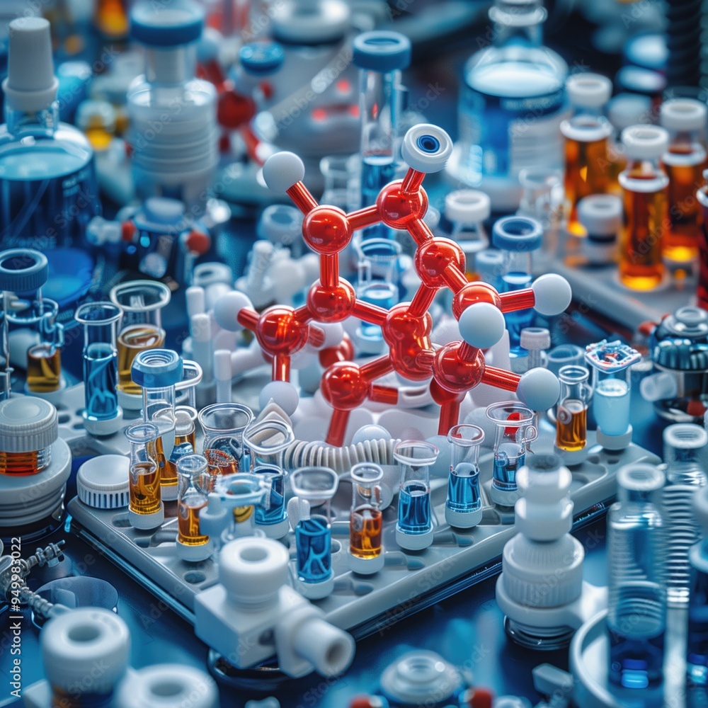 An illustration of a molecular structure model on a laboratory table ...