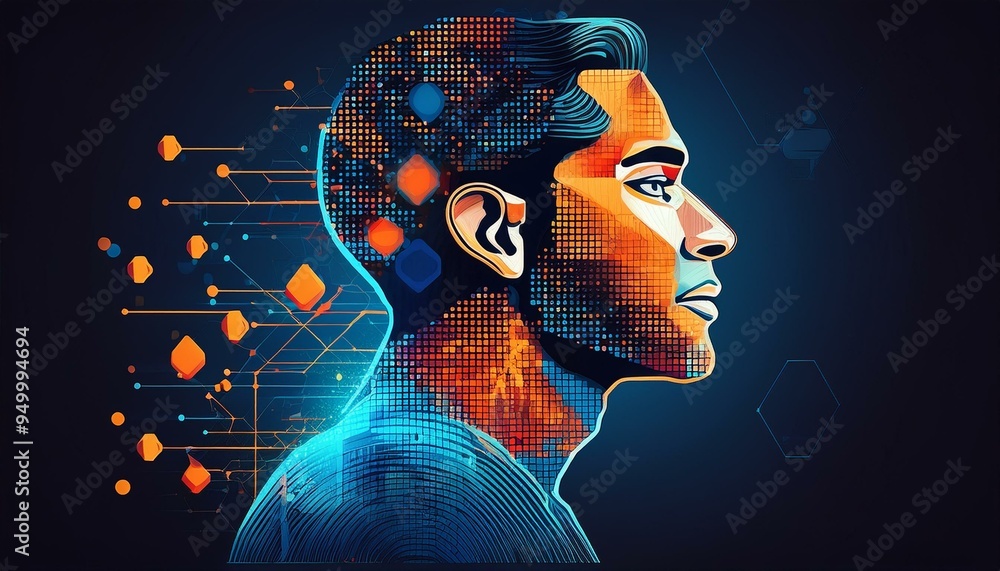 It has pixelated details, a blue and orange color scheme, a dark ...