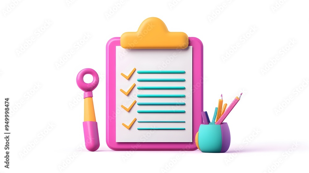 3d Clipboard, checklist symbol. Assignment target icon. Project task ...