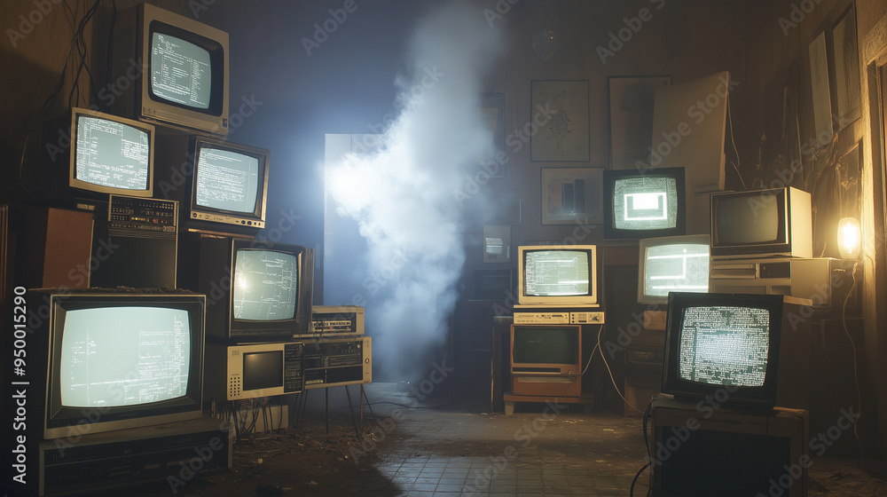 Vintage television graveyard with moonlight, eerie collection of old TV ...