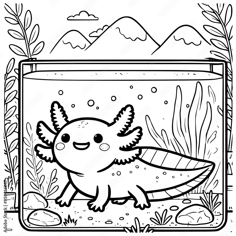 Coloring page of a cute cartoon axolotl happily swimming in a fish tank ...