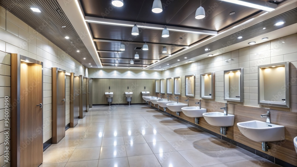 Busy men's restroom with multiple stalls, sinks, and urinals , restroom, men, male, restroom ...