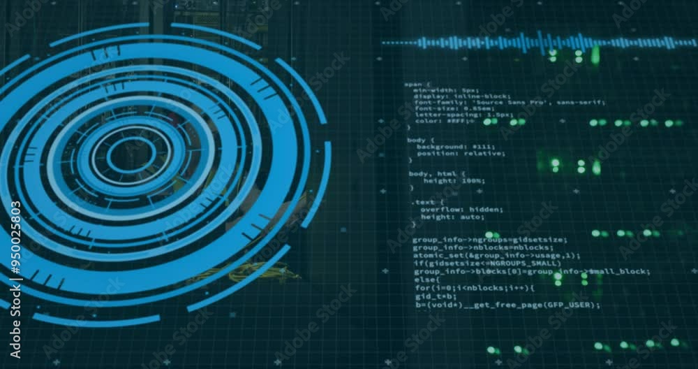 Processing data in futuristic animation over computer code and circular ...