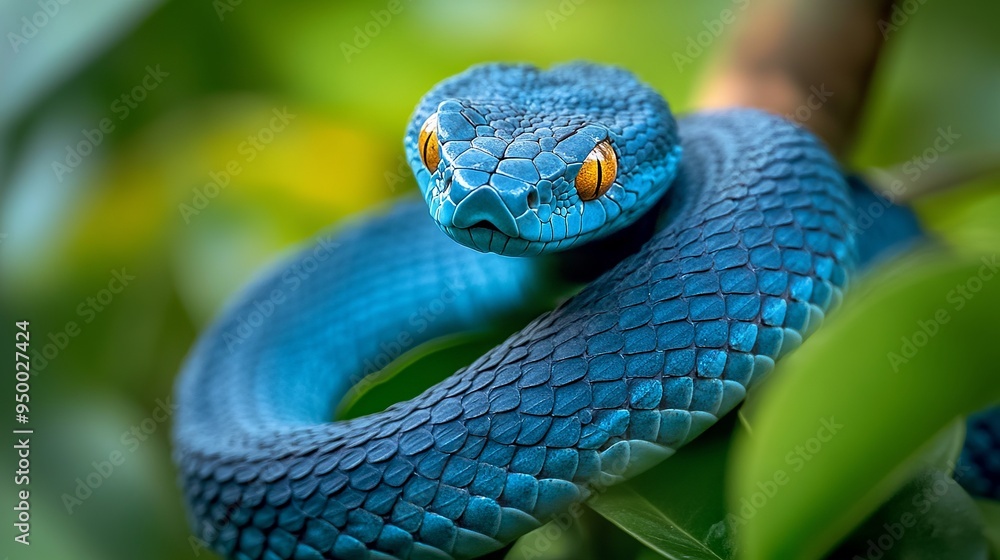 A blue viper snake, scientifically known as Trimeresurus insularis, is ...