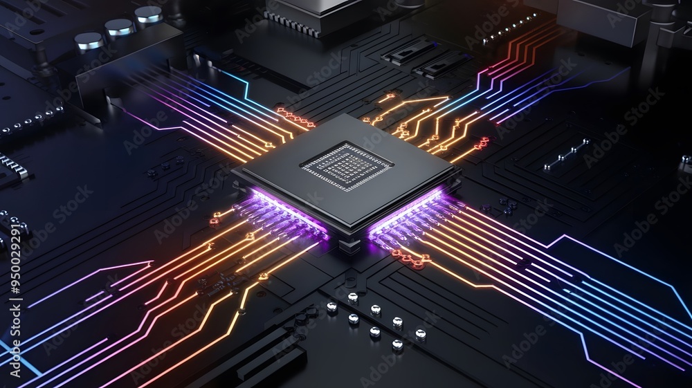 High-tech digital rendering of a computer motherboard centered around a ...