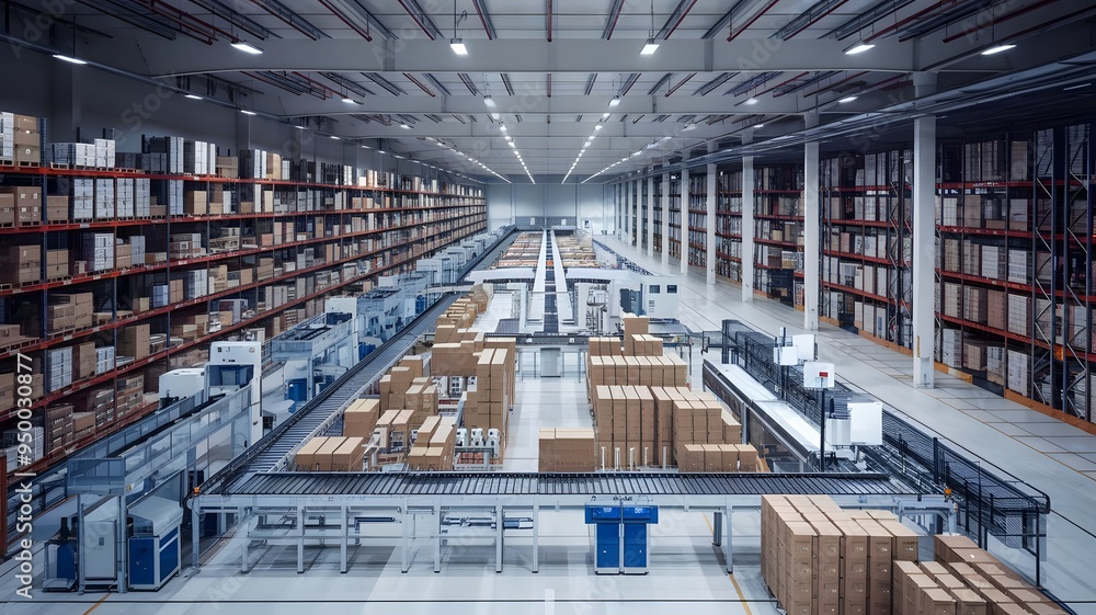 Modern Industrial Warehouse with High Ceilings, Shelving Units, and ...