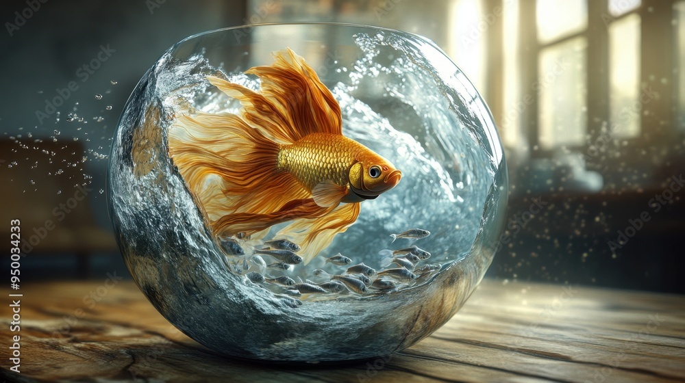 3D HD rendering of a golden Siamese fighting fish in a stormy fishbowl ...