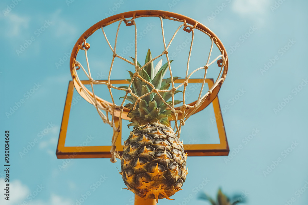 Basketball with fruits. Pineapple in a basketball hoop. Healthy eating ...