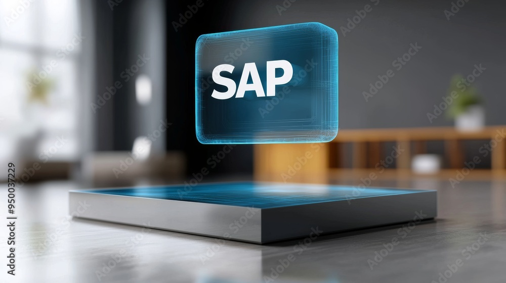 Modern office with a floating SAP logo on a digital platform Created ...