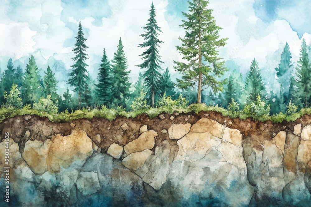 Drawing of soil profile with visible underground layers and trees in ...