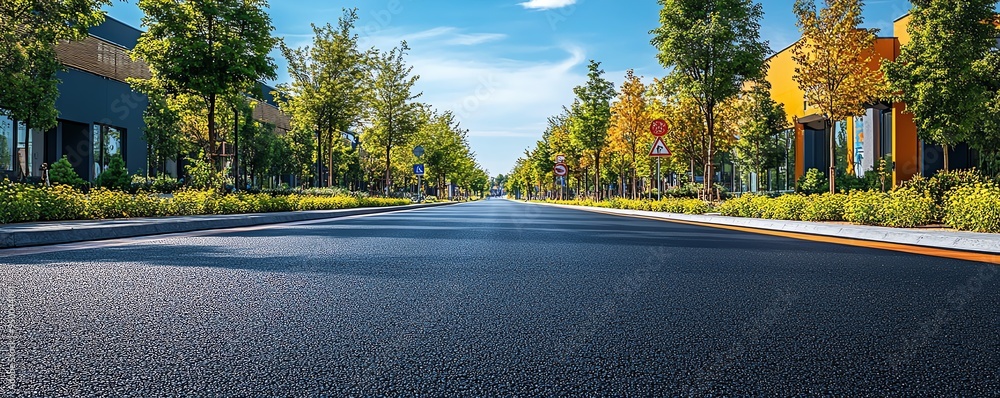 Newly paved asphalt road through a bustling urban area, lined with ...