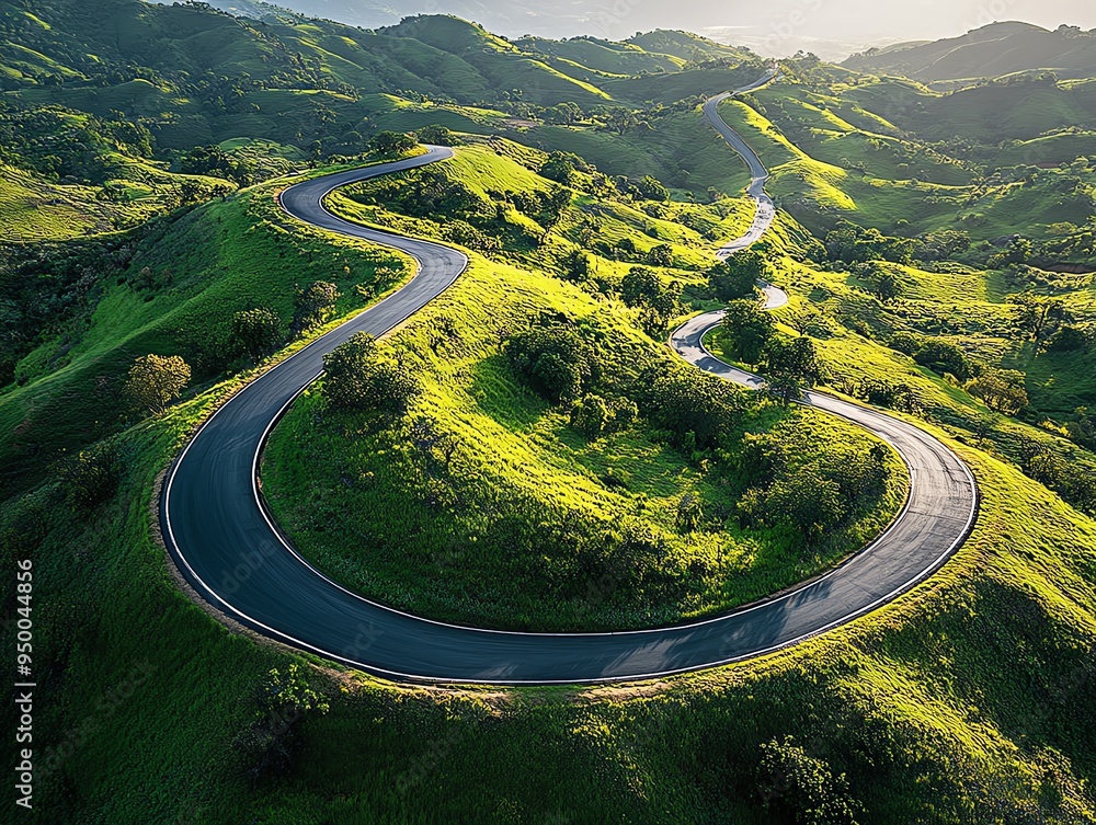 Overhead shot of a racetrack road weaving through a hilly landscape ...
