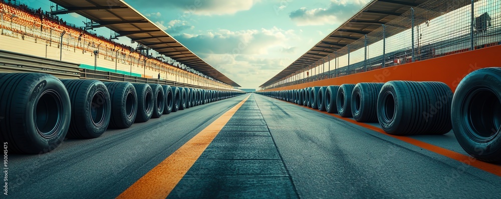 Race track lined with tire barriers and safety fencing, emphasizing the ...