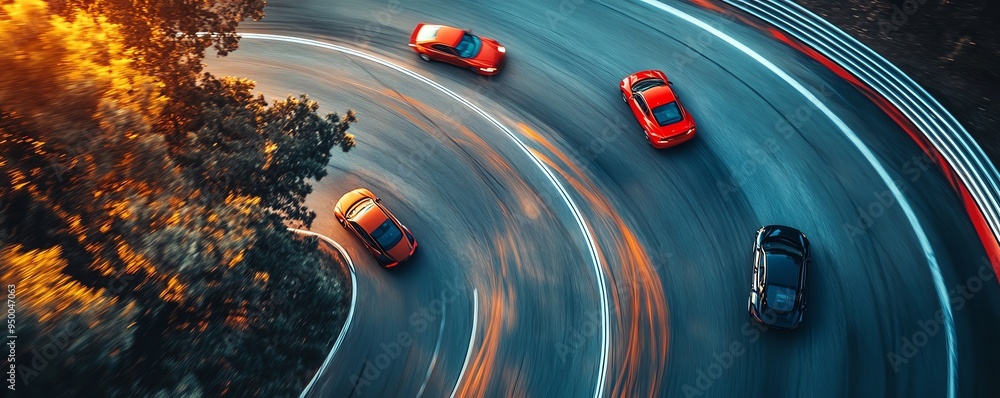 Topdown view of a racetrack road with multiple cars navigating a ...