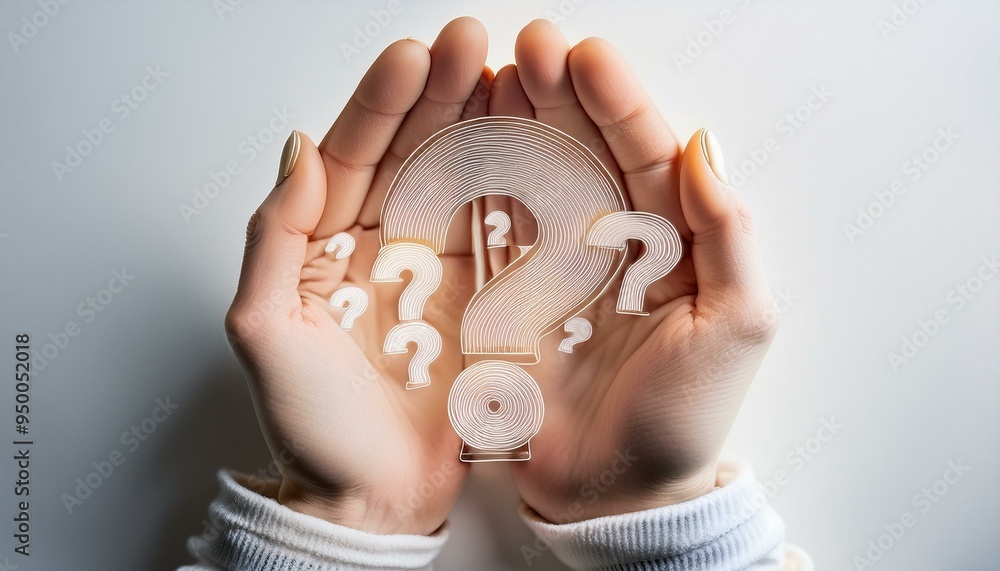 Question marks in their hands, white background, thin lines and shapes ...