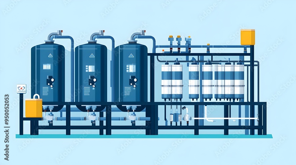 Detailed flat of a comprehensive water purification system on a clean ...