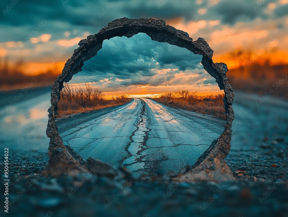 Abstract view of a curvy asphalt road reflected in a cracked mirror ...