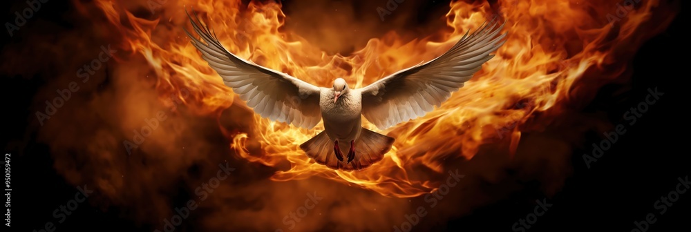 Illustration of a dove descending in flames representing the Holy ...