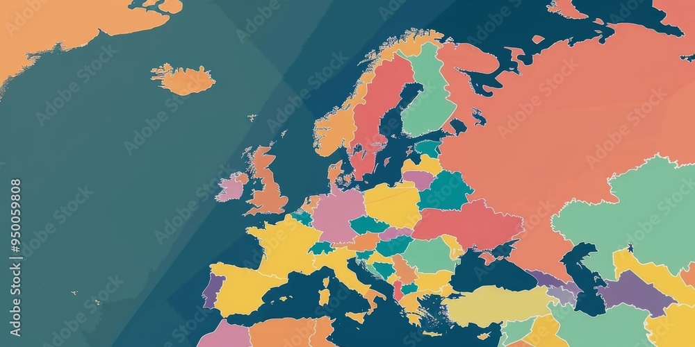 A colorful map of Europe with the countries of France, Germany, Italy ...