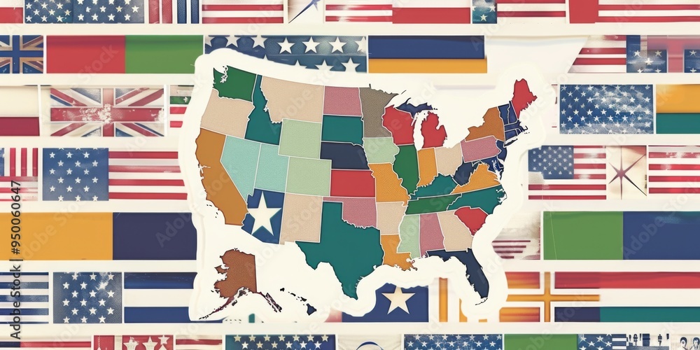 A colorful map of the United States is surrounded by flags from other ...