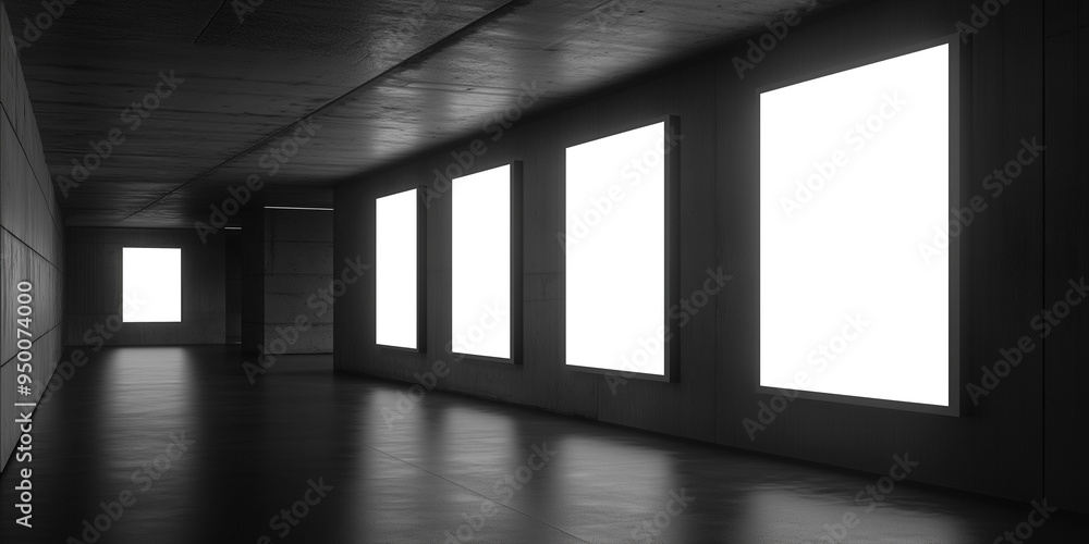 Transparent posters layout in the passage, blank advertising signs ...
