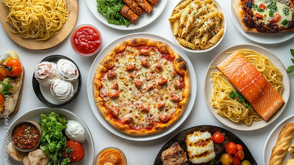 Various delicious foods set, top view plates of fast foods isolated on ...