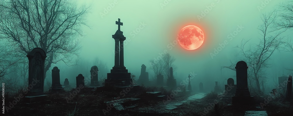 Creepy graveyard with eerie mist, ancient, crumbling tombstones, dark and twisted trees, glowing ...