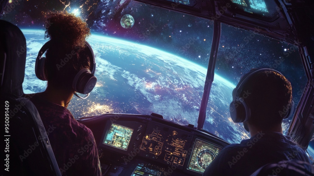 A breathtaking view of Earth from space. Two astronauts in a cockpit ...