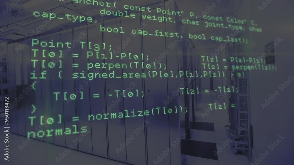 Computer code animating over server room background with rows of servers Stock Video | Adobe Stock
