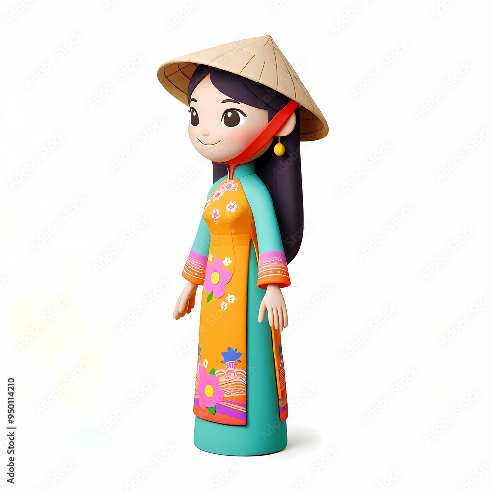Vietnamese Girl Character in Traditional Ao Dai Dress with Non La Hat ...