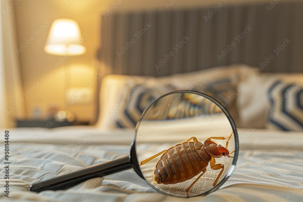 Bed bugs under a magnifying glass, with a bed and bedroom in the ...