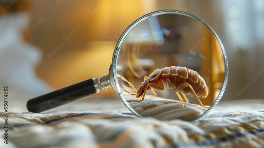 Bed bugs under a magnifying glass, with a bed and bedroom in the ...