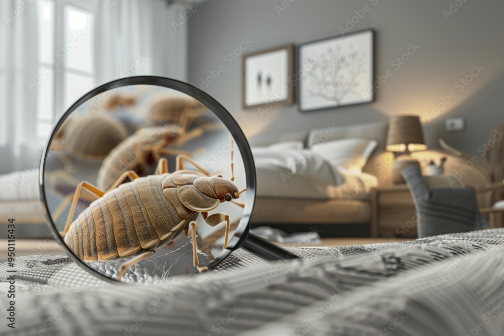 Bed bugs under a magnifying glass, with a bed and bedroom in the ...