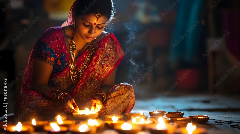 Traditional Indian Woman Lighting Ornate Diya Lamp for Diwali Festival ...