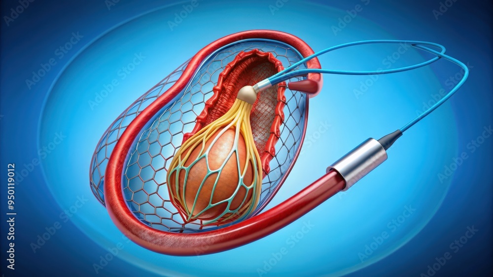 Medical procedure of stent angioplasty with placement of balloon in ...