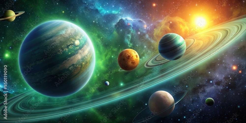 Alien solar system with multiple planets orbiting a green sun, alien ...