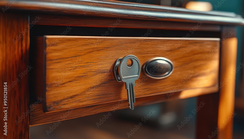 Desk drawer with a lock and key, slightly open, revealing contents ...