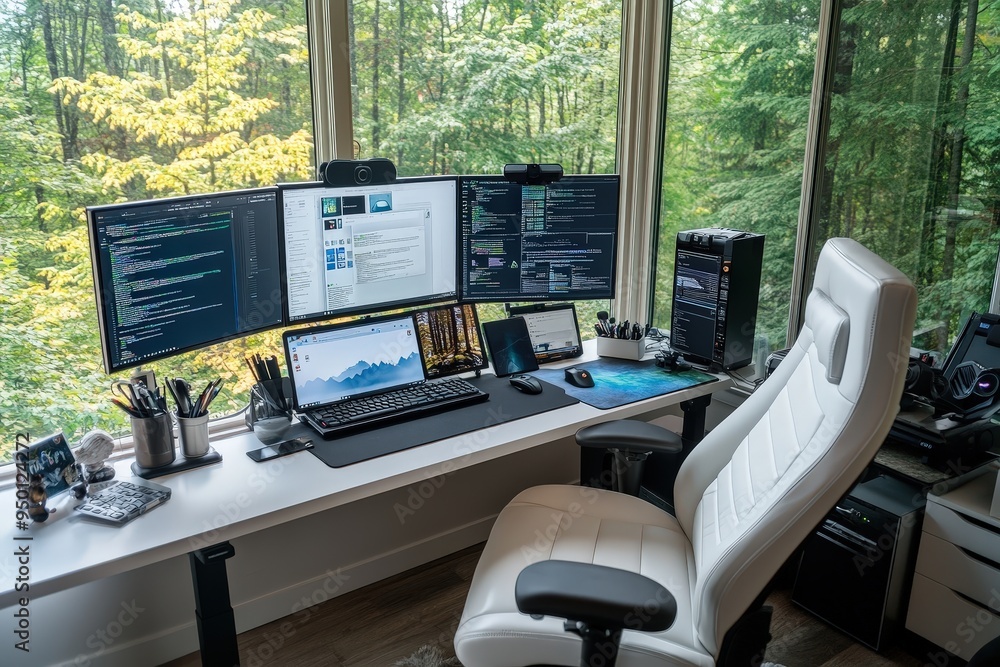 The image displays a serene programming workstation with multiple ...