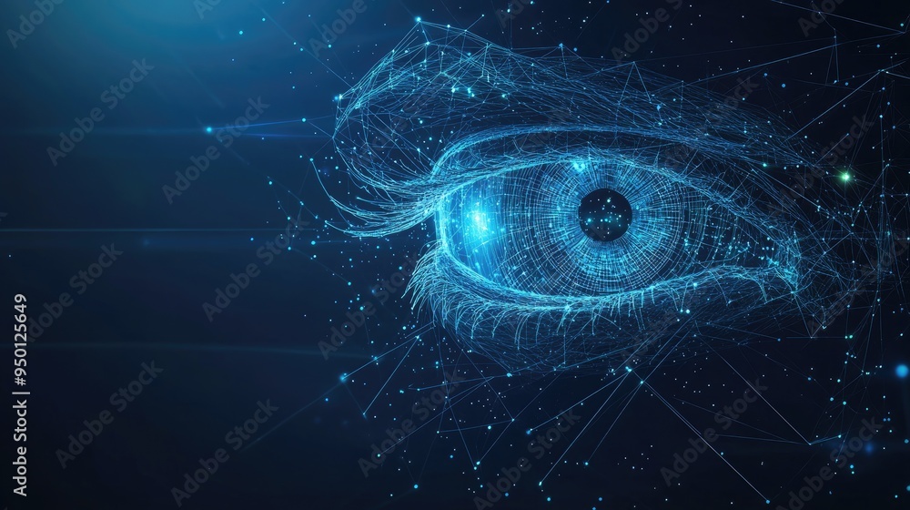 Digital low poly wireframe of an eye, with glowing lines and particles ...