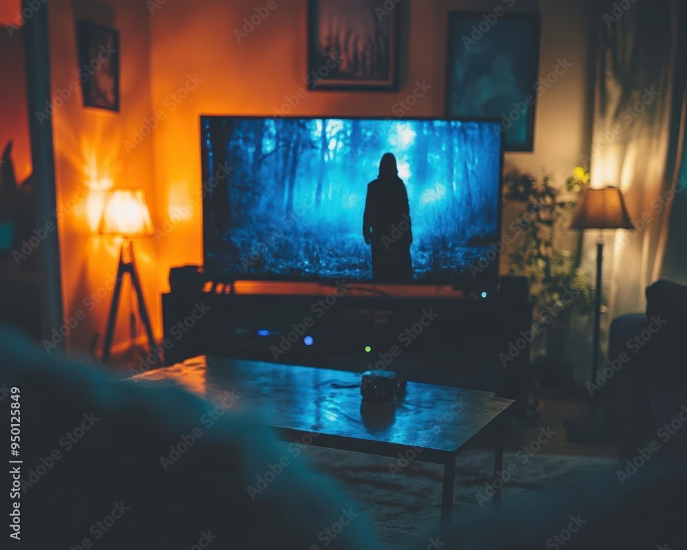 Scary movies playing on a TV in a dark room, horror style, close-up ...