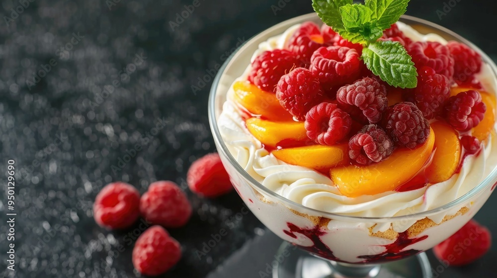 Exquisitely Crafted Peach Melba Dessert Featuring Fresh Raspberries and ...