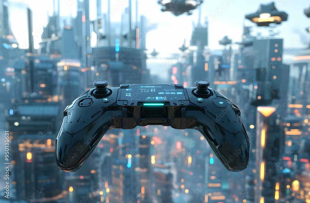 Gamepad navigating a futuristic flying robot in a 3D-rendered video ...